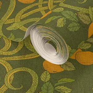 Spoonflower Serpents And Apples Green Gold 100% Natural Sisal Grasscloth Wallcovering - Green,brown