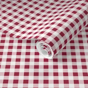 Spoonflower Geometric Gingham Picnic Diner Checkered Custom Pre-pasted Wallpaper - Red