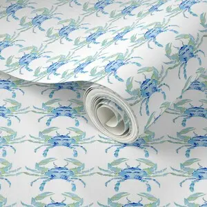 Spoonflower Watercolor Crab Small Abstract Coastal Beach Custom Pre-pasted Wallpaper - Blue