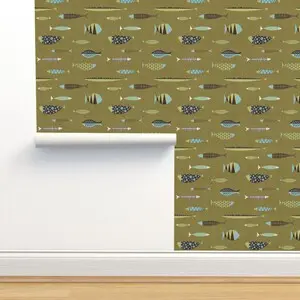 Spoonflower Fish Green Aqua 100% Natural Sisal Grasscloth Wallcovering