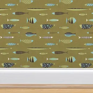 Spoonflower Fish Green Aqua 100% Natural Sisal Grasscloth Wallcovering