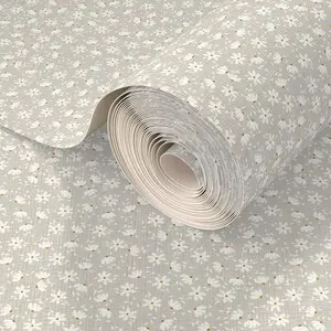 Spoonflower Ditsy Daisy Neutral Iveta Abolina 100% Natural Sisal Grasscloth Wallcovering - White,gray