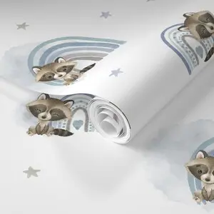 Spoonflower Woodland Nursery Cute Raccoons Watercolor Custom Pre-pasted Wallpaper - Blue