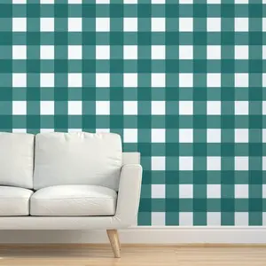 Spoonflower Buffalo Check Plaid Rustic Gingham Cabin Custom Pre-pasted Wallpaper - Teal