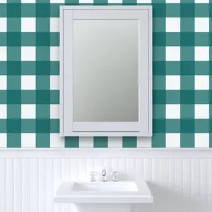 Spoonflower Buffalo Check Plaid Rustic Gingham Cabin Custom Pre-pasted Wallpaper - Teal