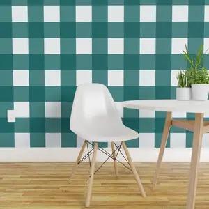 Spoonflower Buffalo Check Plaid Rustic Gingham Cabin Custom Pre-pasted Wallpaper - Teal
