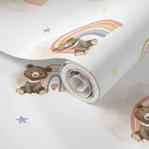 Spoonflower Woodland Nursery Cute Bears Watercolor Custom Pre-pasted Wallpaper - Rainbow