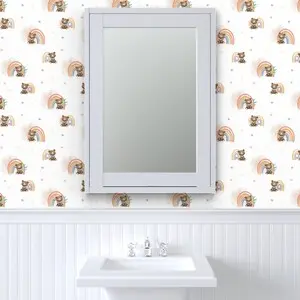 Spoonflower Woodland Nursery Cute Bears Watercolor Custom Pre-pasted Wallpaper - Rainbow