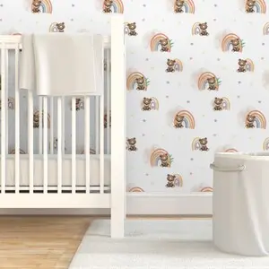Spoonflower Woodland Nursery Cute Bears Watercolor Custom Pre-pasted Wallpaper - Rainbow