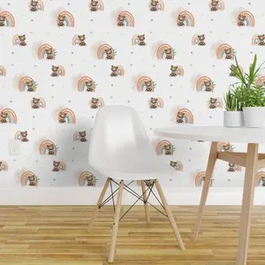 Spoonflower Woodland Nursery Cute Bears Watercolor Custom Pre-pasted Wallpaper - Rainbow