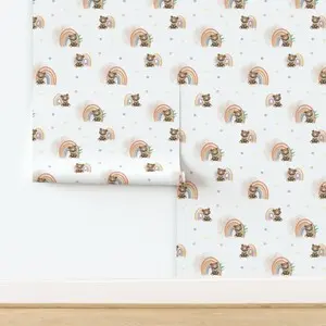 Spoonflower Woodland Nursery Cute Bears Watercolor Custom Pre-pasted Wallpaper - Rainbow