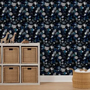 Spoonflower Floral Dark Modern Painted Flowers Blue Moody Custom Pre-pasted Wallpaper - Blue,navy