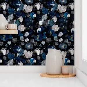 Spoonflower Floral Dark Modern Painted Flowers Blue Moody Custom Pre-pasted Wallpaper - Blue,navy