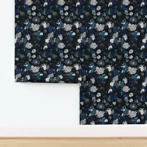 Spoonflower Floral Dark Modern Painted Flowers Blue Moody Custom Pre-pasted Wallpaper - Blue,navy