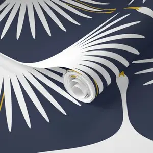 Spoonflower Art Deco Swans Epic Custom Pre-pasted Wallpaper - Navy