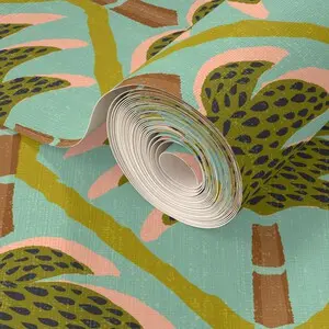 Spoonflower Palm Springs Mid Century Teal Olive Pink 100% Natural Sisal Grasscloth Wallcovering Green,teal,brown
