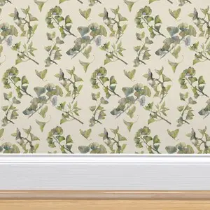 Spoonflower Ginkgo 100% Natural Sisal Grasscloth Wallcovering - Beige,green