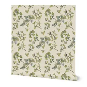 Spoonflower Ginkgo 100% Natural Sisal Grasscloth Wallcovering - Beige,green