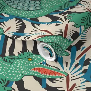 Spoonflower Animal Jungle Tropical Crocodile Swamp Custom Pre-pasted Wallpaper - Green