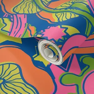 Spoonflower Neon Suns Groovy Kitsch 70s 1970s Retro Custom Pre-pasted Wallpaper - Blue