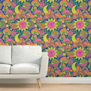 Spoonflower Neon Suns Groovy Kitsch 70s 1970s Retro Custom Pre-pasted Wallpaper - Blue