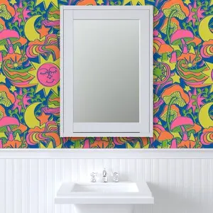 Spoonflower Neon Suns Groovy Kitsch 70s 1970s Retro Custom Pre-pasted Wallpaper - Blue