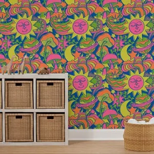 Spoonflower Neon Suns Groovy Kitsch 70s 1970s Retro Custom Pre-pasted Wallpaper - Blue