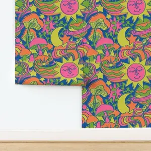 Spoonflower Neon Suns Groovy Kitsch 70s 1970s Retro Custom Pre-pasted Wallpaper - Blue