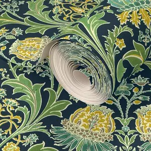 Spoonflower Artichoke Floral Green Navy 100% Natural Sisal Grasscloth Wallcovering - Green,blue