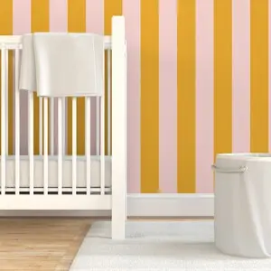 Spoonflower Bold Stripe Yellow Coastal Beach Citrus Lemon Custom Pre-pasted Wallpaper - Pink
