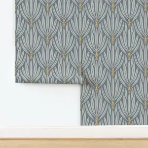 Spoonflower Leaves Floral Leaf Palm Elegant Lines Frond Custom Pre-pasted Wallpaper - Gray