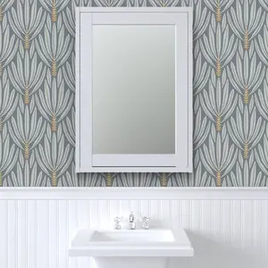 Spoonflower Leaves Floral Leaf Palm Elegant Lines Frond Custom Pre-pasted Wallpaper - Gray