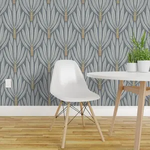 Spoonflower Leaves Floral Leaf Palm Elegant Lines Frond Custom Pre-pasted Wallpaper - Gray