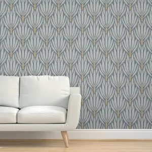 Spoonflower Leaves Floral Leaf Palm Elegant Lines Frond Custom Pre-pasted Wallpaper - Gray