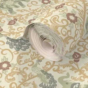 Spoonflower Elephant And Peacock Rococo Tan Filigree With Sage 100% Natural Sisal Grasscloth Wallcovering - Beige,brown,red