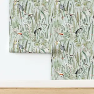 Spoonflower Herons In Marsh For Pale Medium Scale Custom Pre-pasted Wallpaper