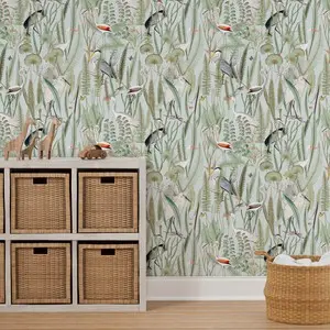 Spoonflower Herons In Marsh For Pale Medium Scale Custom Pre-pasted Wallpaper
