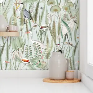 Spoonflower Herons In Marsh For Pale Medium Scale Custom Pre-pasted Wallpaper