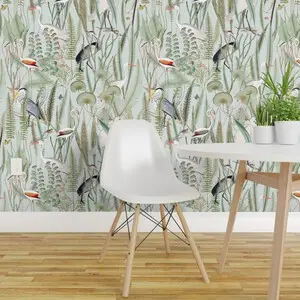 Spoonflower Herons In Marsh For Pale Medium Scale Custom Pre-pasted Wallpaper - Blue
