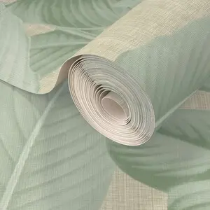 Spoonflower Palm Tropical Leaves Jungle Sage Green Neutral 100% Natural Sisal Grasscloth Wallcovering - Beige,green,gray