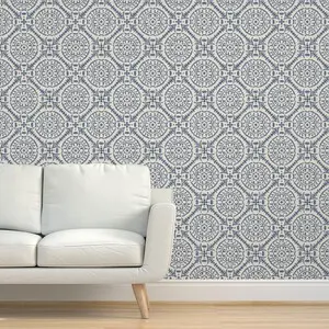 Spoonflower Taza Media Blue 100% Natural Sisal Grasscloth Wallcovering