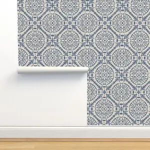 Spoonflower Taza Media Blue 100% Natural Sisal Grasscloth Wallcovering