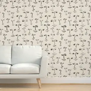 Spoonflower Faces Mono Sketchy Black Off White 100% Natural Sisal Grasscloth Wallcovering