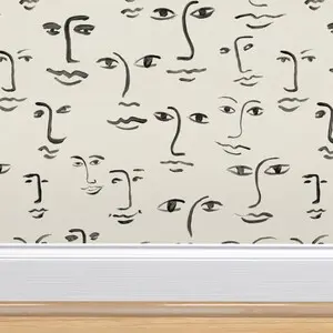 Spoonflower Faces Mono Sketchy Black Off White 100% Natural Sisal Grasscloth Wallcovering