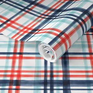 Spoonflower Blue Plaid Spring July 4th Watercolor Red White Custom Pre-pasted Wallpaper