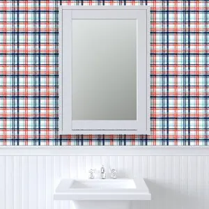 Spoonflower Blue Plaid Spring July 4th Watercolor Red White Custom Pre-pasted Wallpaper