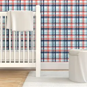 Spoonflower Blue Plaid Spring July 4th Watercolor Red White Custom Pre-pasted Wallpaper