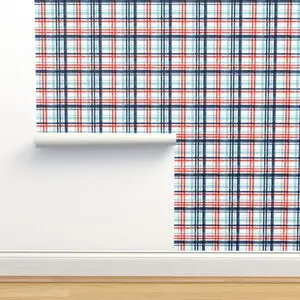 Spoonflower Blue Plaid Spring July 4th Watercolor Red White Custom Pre-pasted Wallpaper
