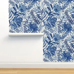 Spoonflower Blue And White Protea Painted Large 100% Natural Sisal Grasscloth Wallcovering - White,blue