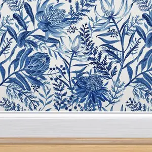 Spoonflower Blue And White Protea Painted Large 100% Natural Sisal Grasscloth Wallcovering - White,blue